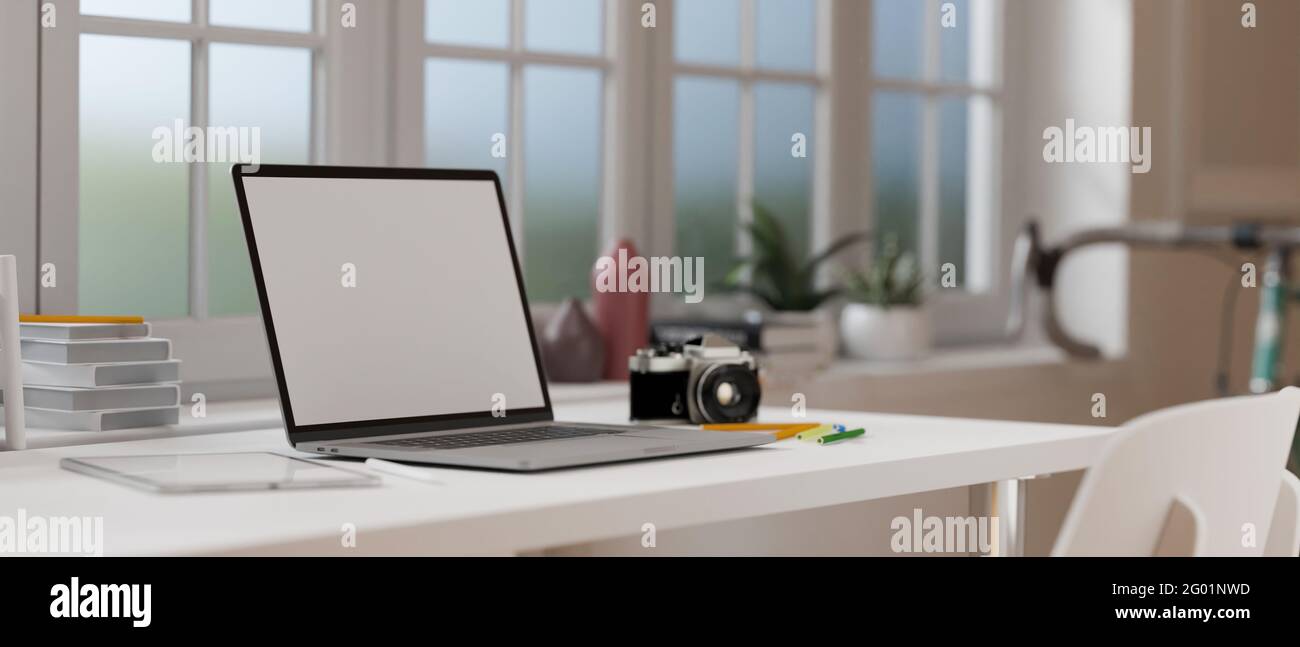 3D rendering, laptop with mock-up screen on white desk with camera ...