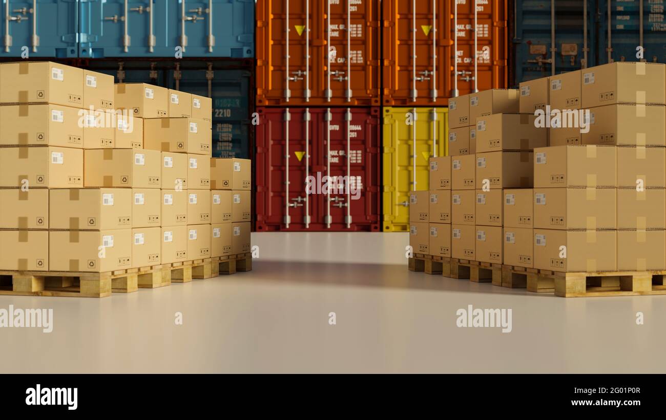 Two stack of cardboard boxes on pallet in storage warehouse with ...