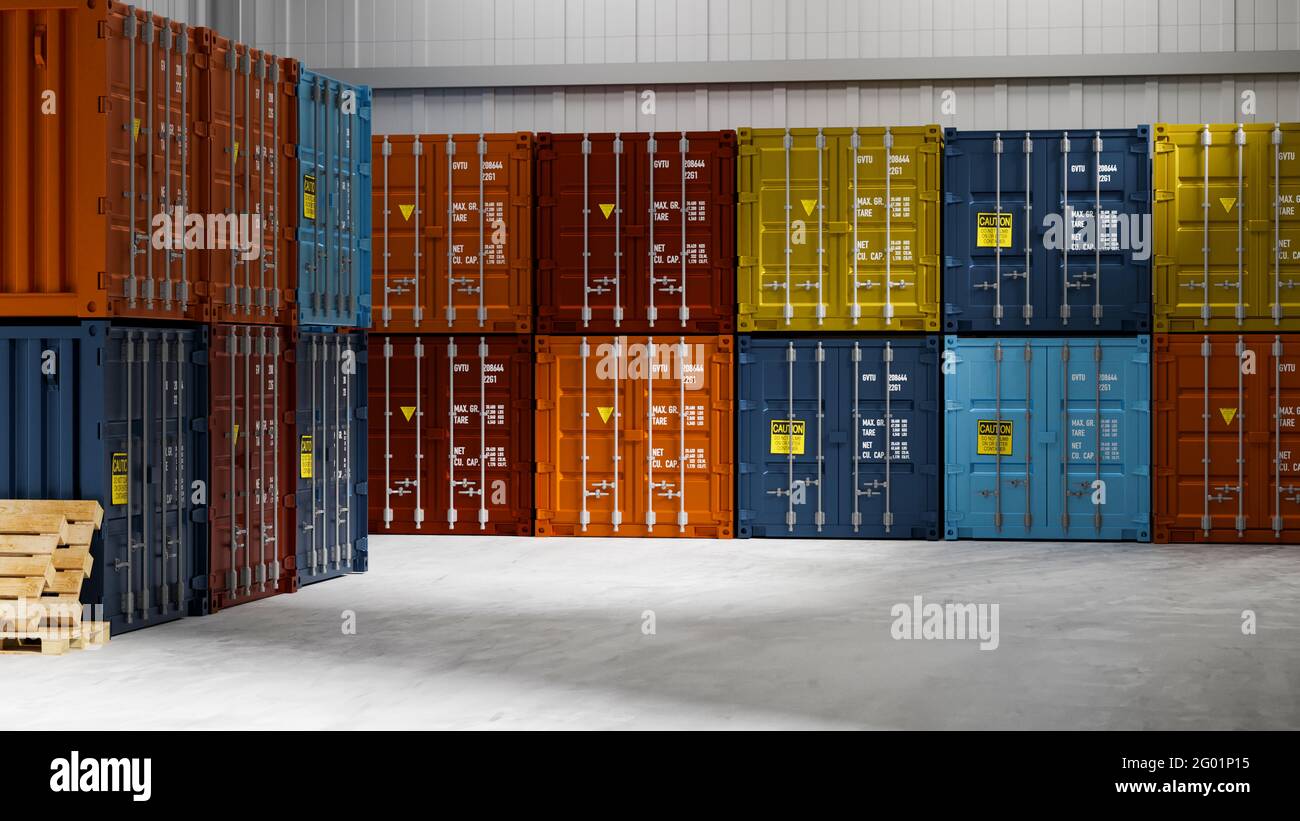 Stack of colourful containers in storage warehouse, 3D rendering, 3D ...