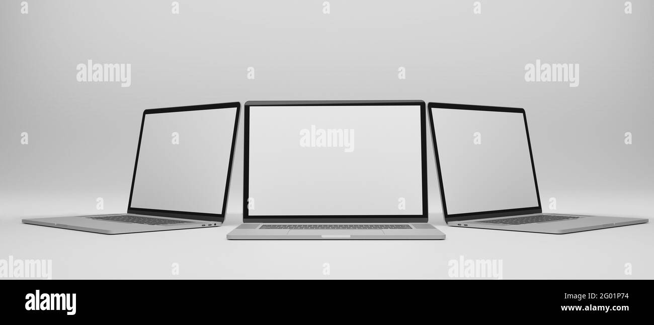 Three computer laptop with mock-up screen isolated on white background ...