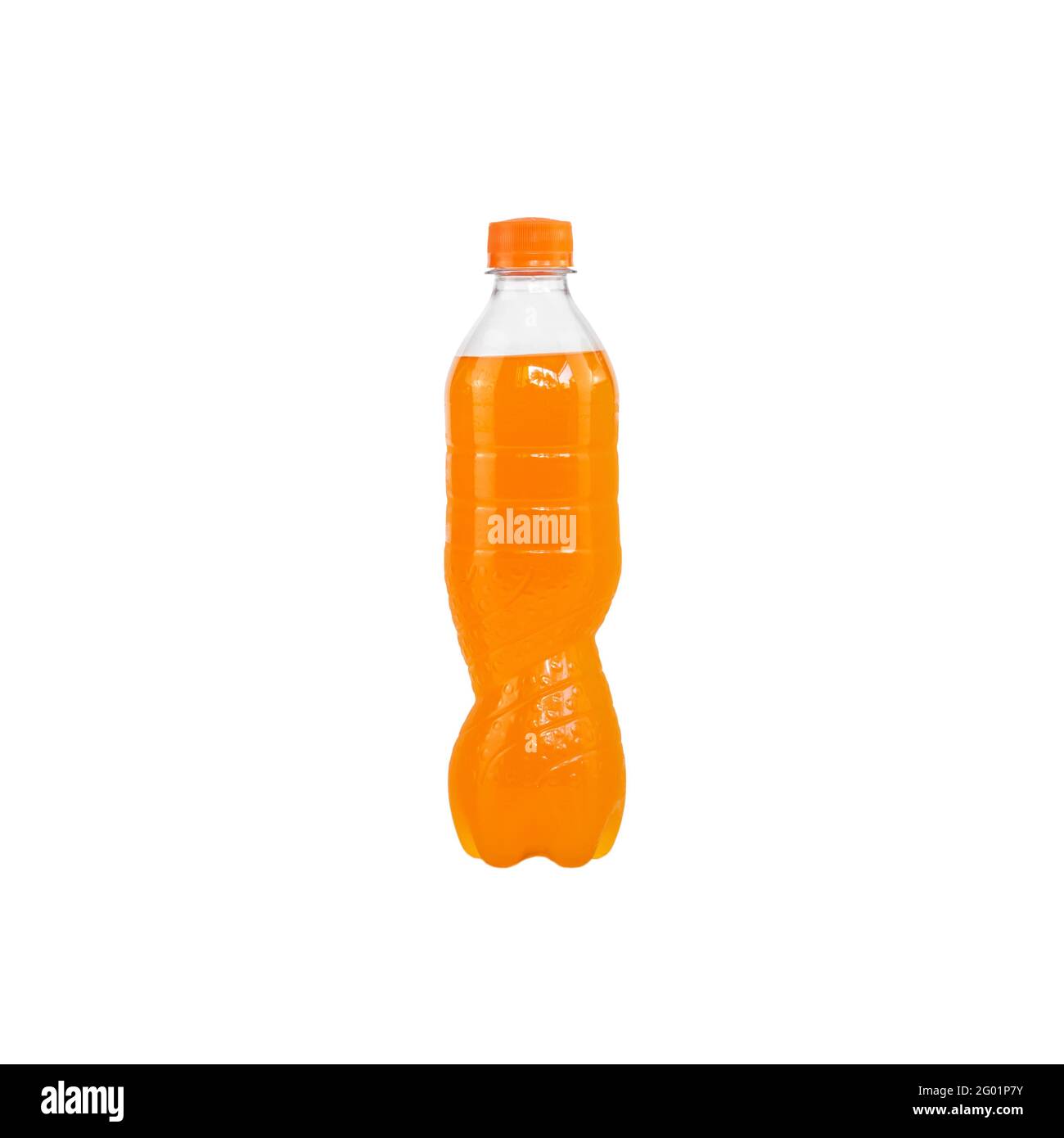 Orange sparkling water in a plastic bottle isolated on white background ...