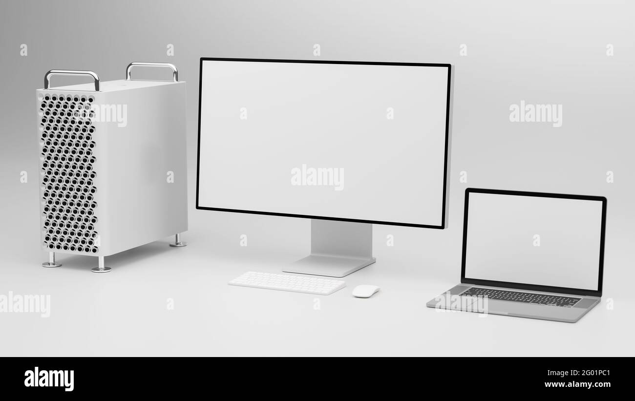 Computer and laptop with mock-up screen isolated on white background ...