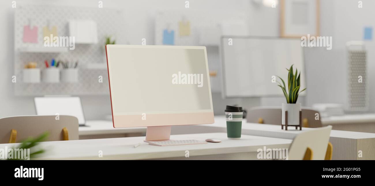 Pink pastel computer monitor on white desk in modern office room, 3D ...