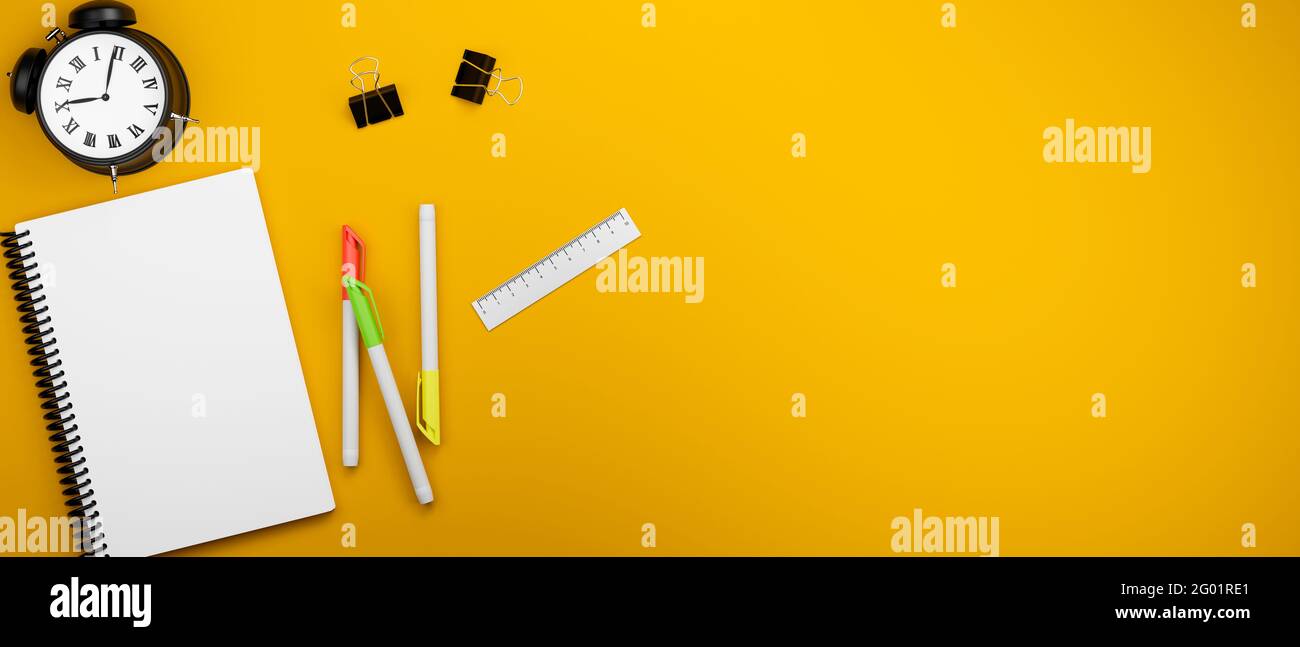 Yellow study table with stationery, clock and copy space, 3D rendering ...