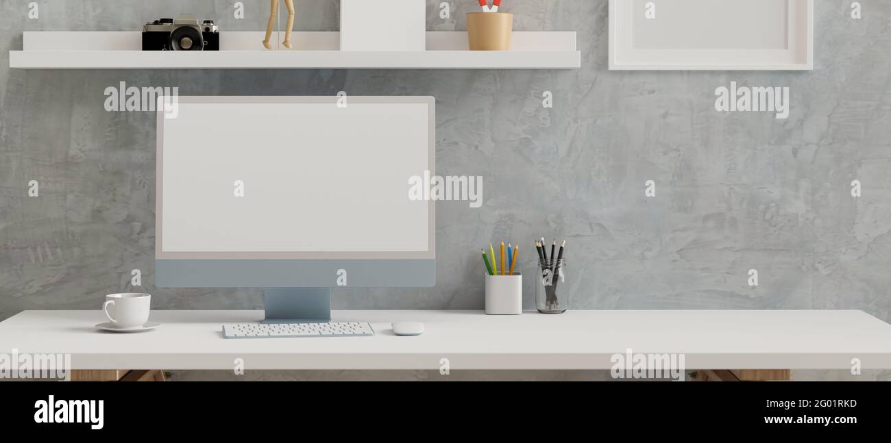 Blue pastel computer monitor with mock-up screen on white table in loft ...