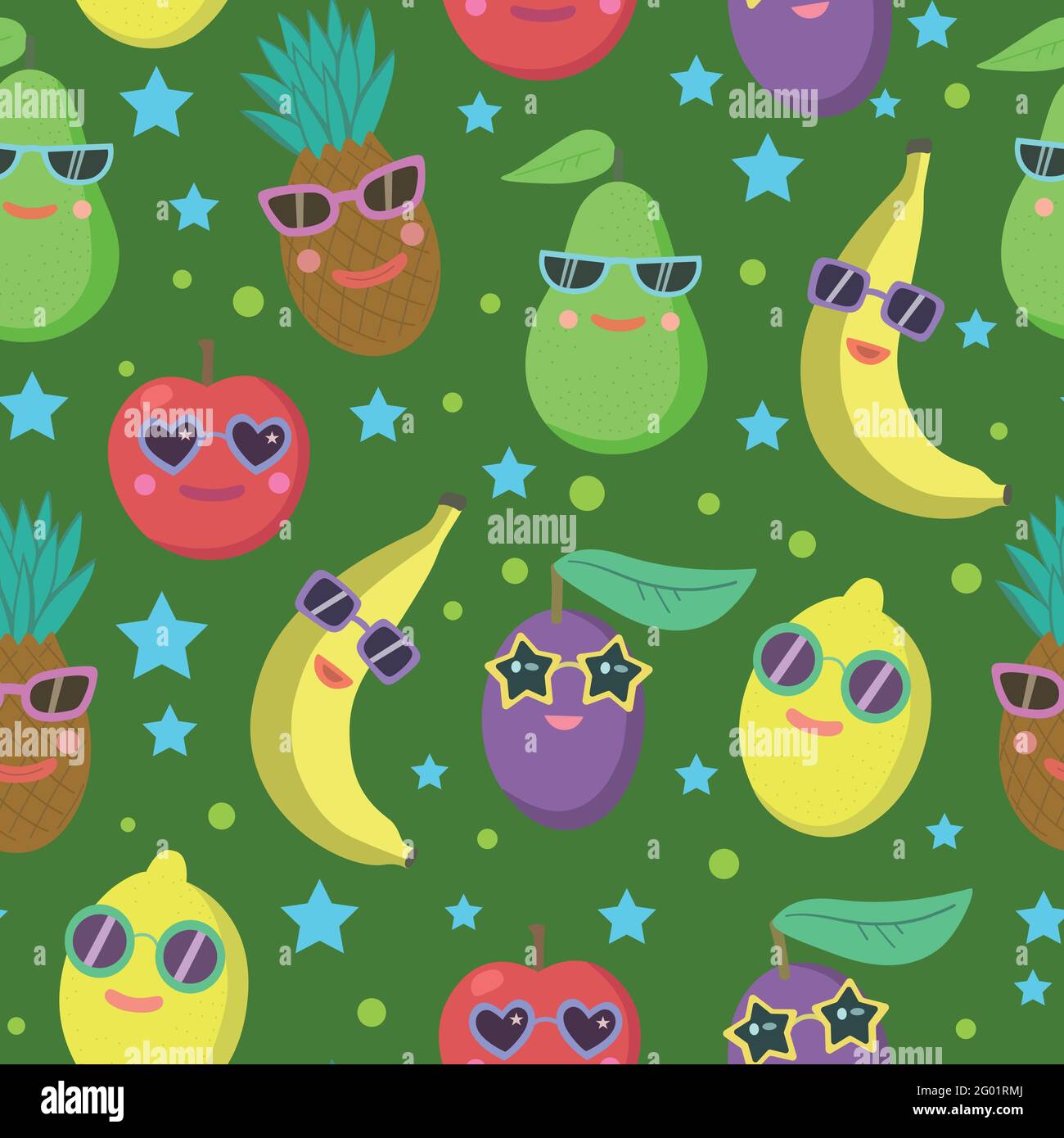 Cute seamless pattern with cartoon fruits characters in sunglasses ...