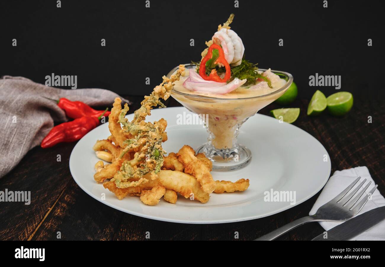 Peruvian food: called "Leche de tigre" and "chicharron", peruvian fresh ...