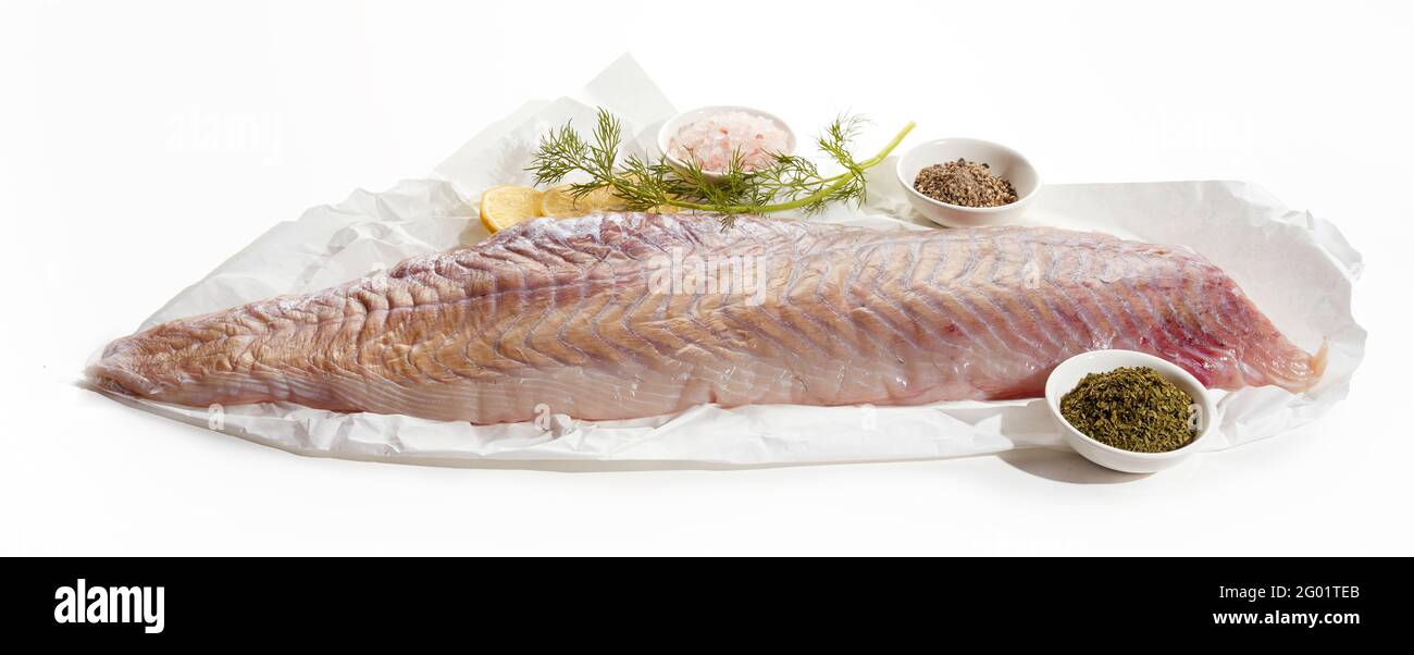 From above of uncooked fish fillet placed on paper with various spices ...