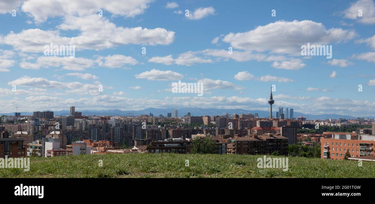City landscape view of Madrid with 4 towers and tv tower Stock Photo ...