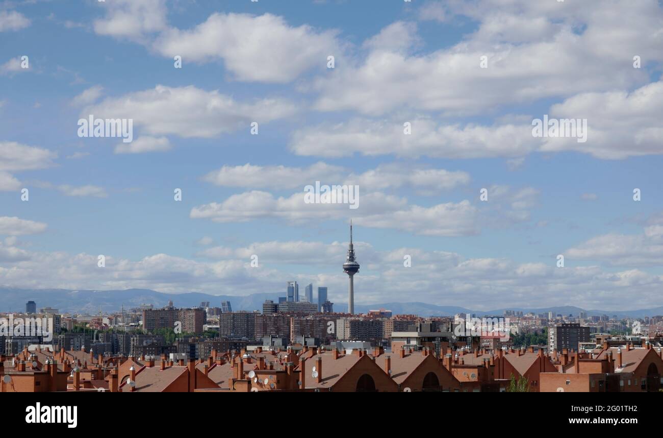 City landscape view of Madrid with 4 towers and tv tower Stock Photo ...