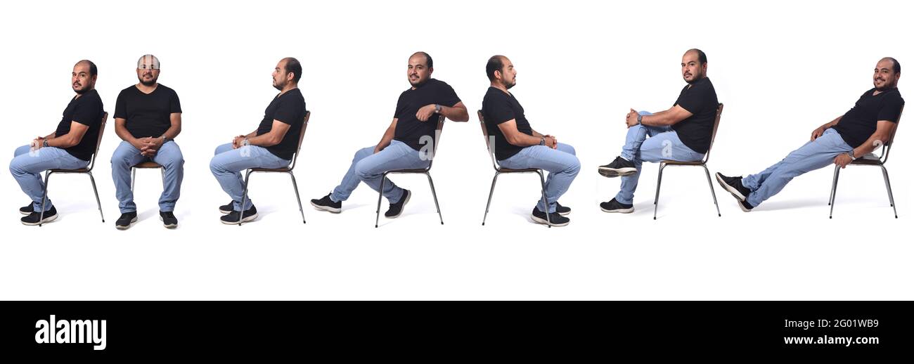 same man sitting on chair,various poses on white background Stock Photo ...