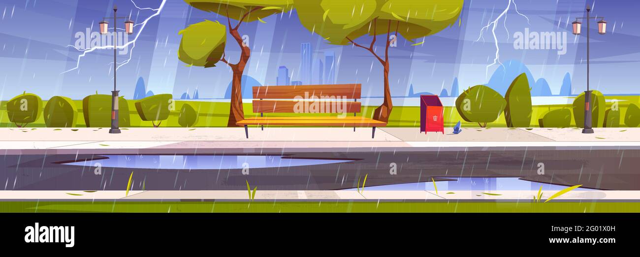Storm with rain and lightning in city park with green trees and grass ...