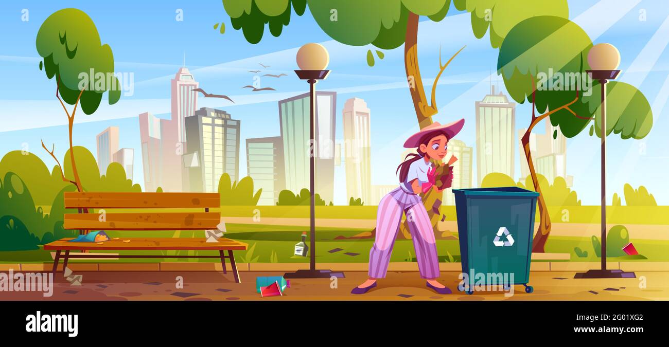 Woman clean up city park. Girl collect garbage in public garden and put ...