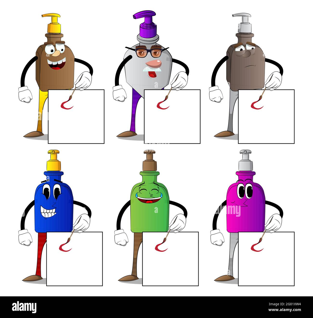 Cartoon bottle of hand sanitizer gel for hygiene with face as an artist ...