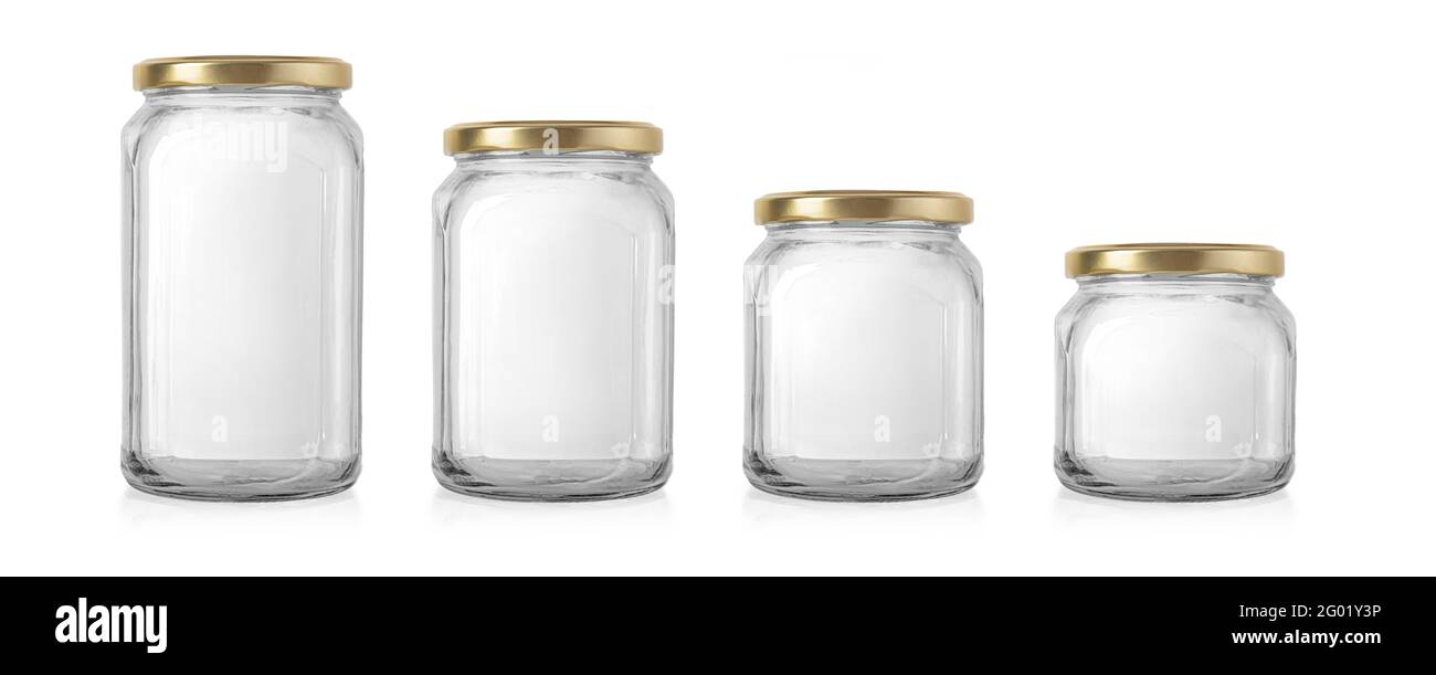 four glass jars isolated on white background Stock Photo - Alamy