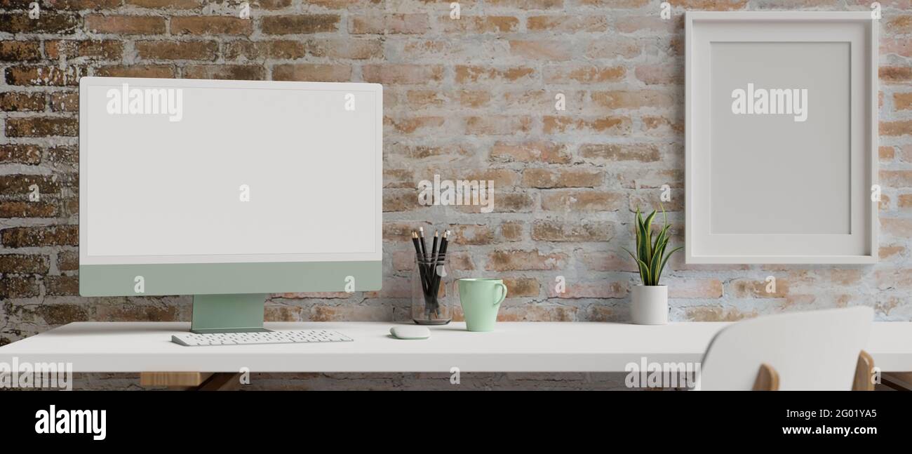 Green pastel computer monitor with mock-up screen in contemporary ...