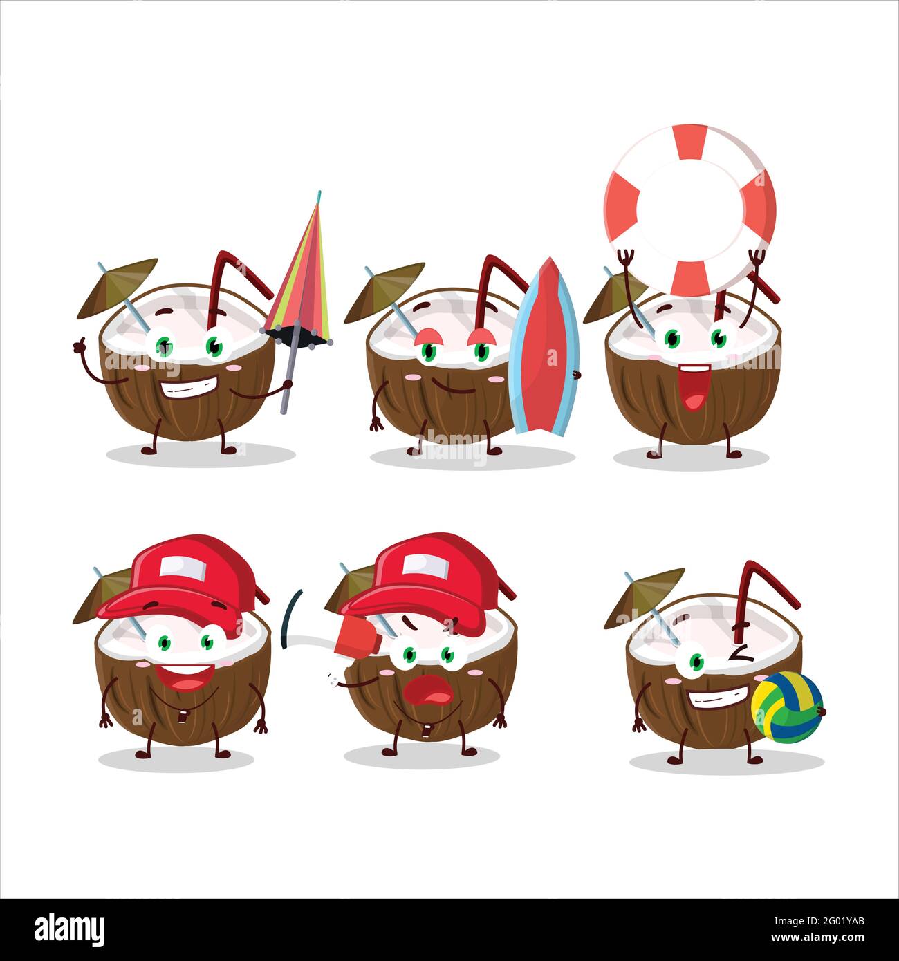 Happy Face coconut drink cartoon character playing on a beach. Vector ...