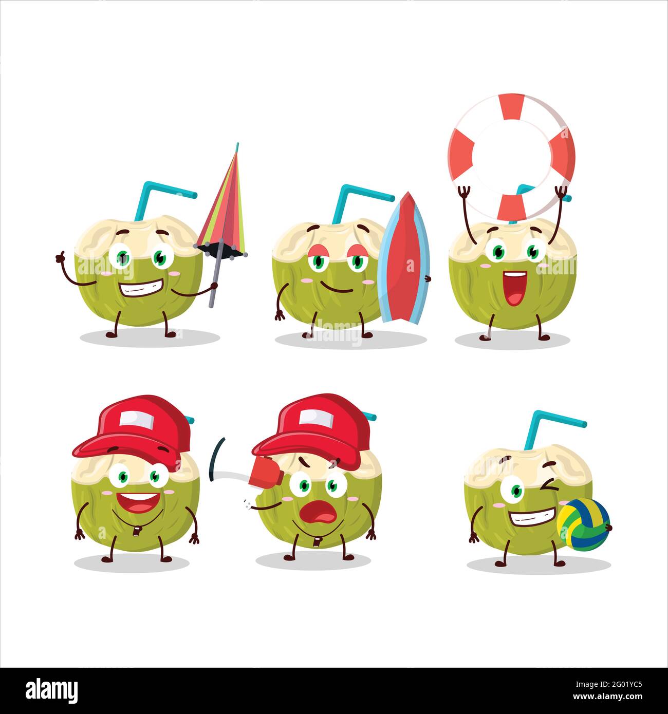 Happy Face green coconut drink cartoon character playing on a beach ...