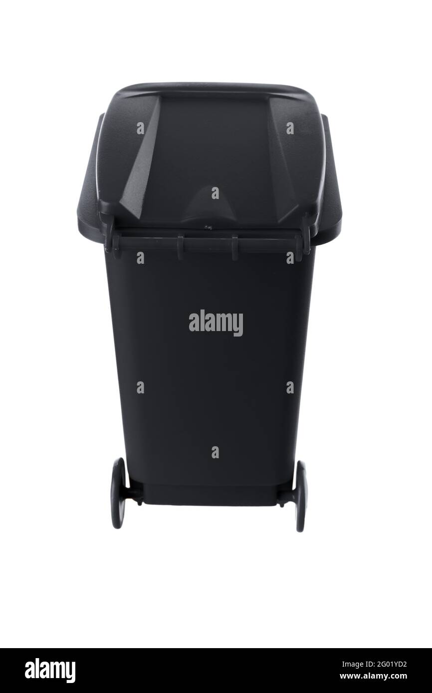 Plastic black trash can isolated on white background Stock Photo - Alamy