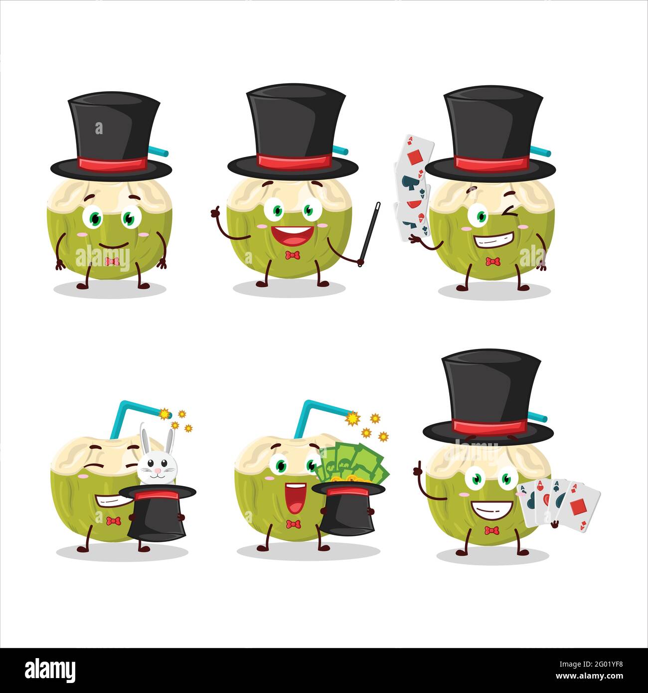 A green coconut drink Magician cartoon character perform on a stage ...