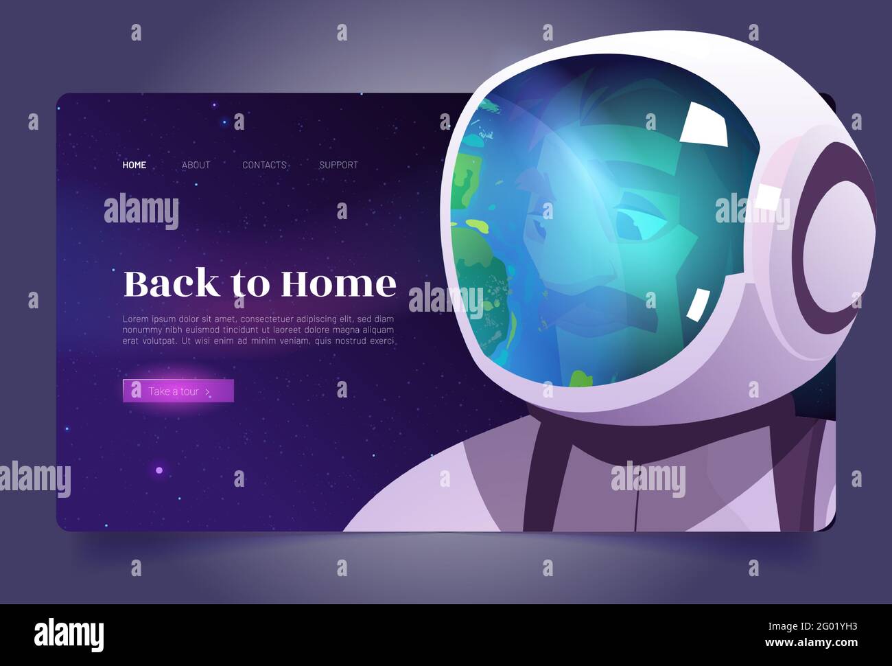 Back to home cartoon landing page, astronaut travel in galaxy. Spaceman ...