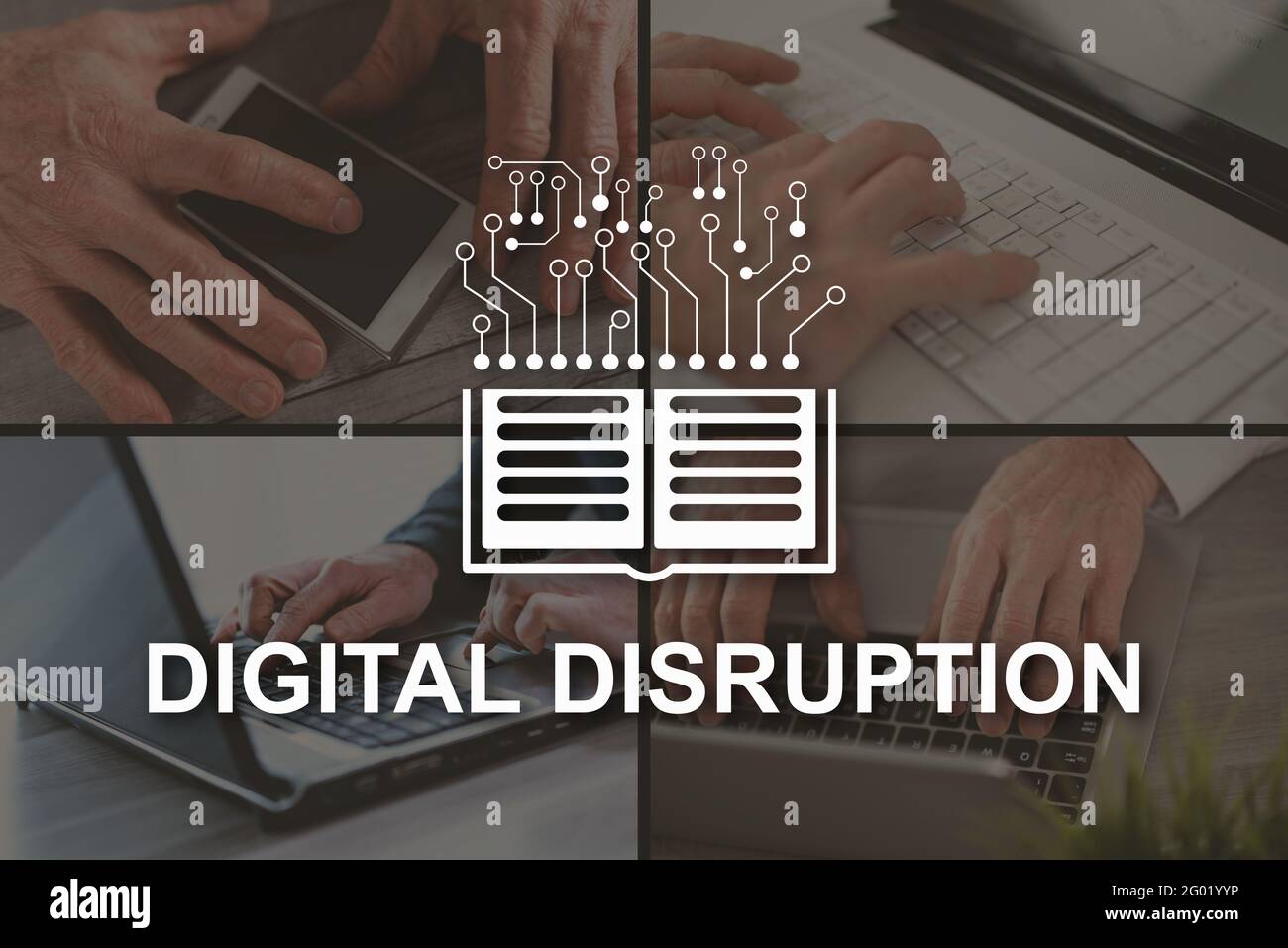 Digital disruption concept illustrated by pictures on background Stock ...