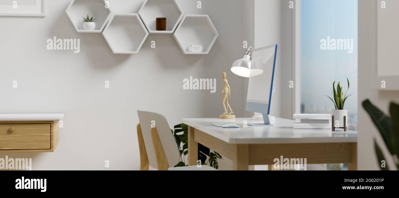 Modern working space interior design with office desk beside window ...