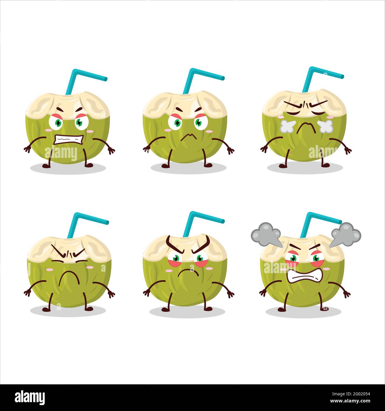 Green coconut drink cartoon character with various angry expressions ...