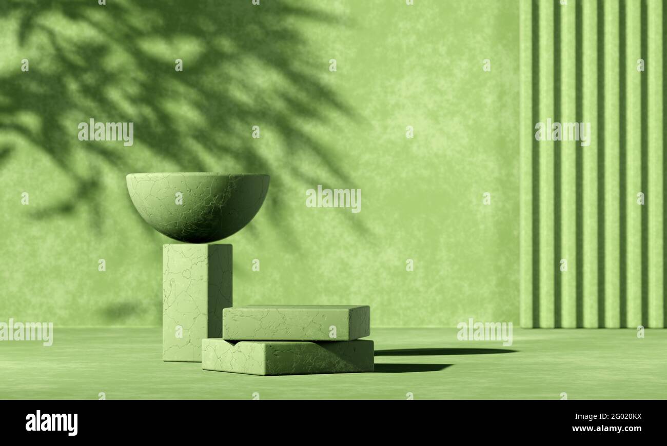 Minimal abstract background with 3D concrete podium display with green ...