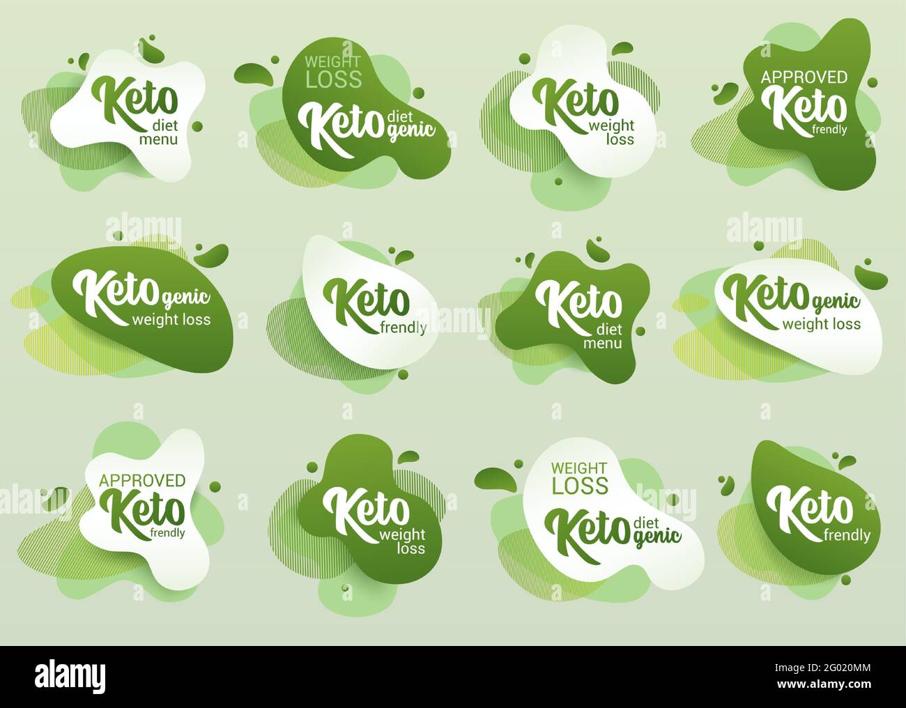 Keto frendly badge set. Green amoeba design of sticker for keto diet ...