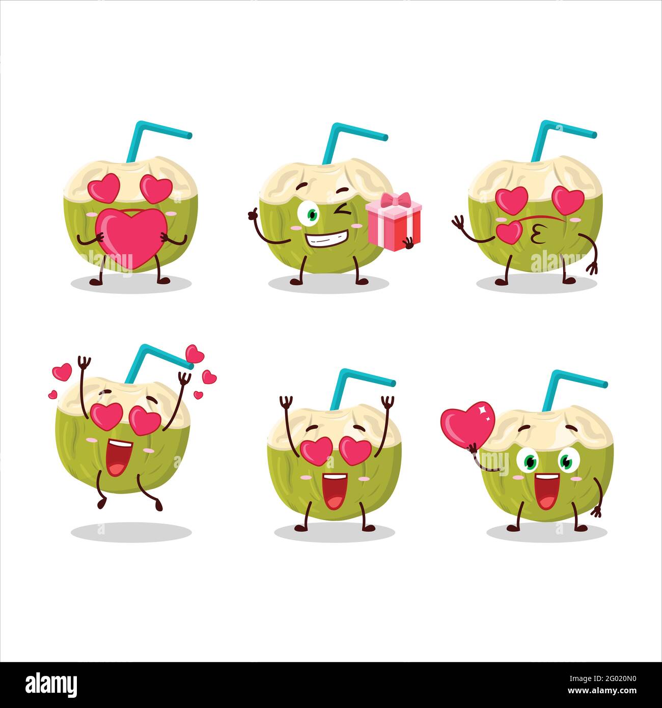 Green coconut drink cartoon character with love cute emoticon. Vector ...