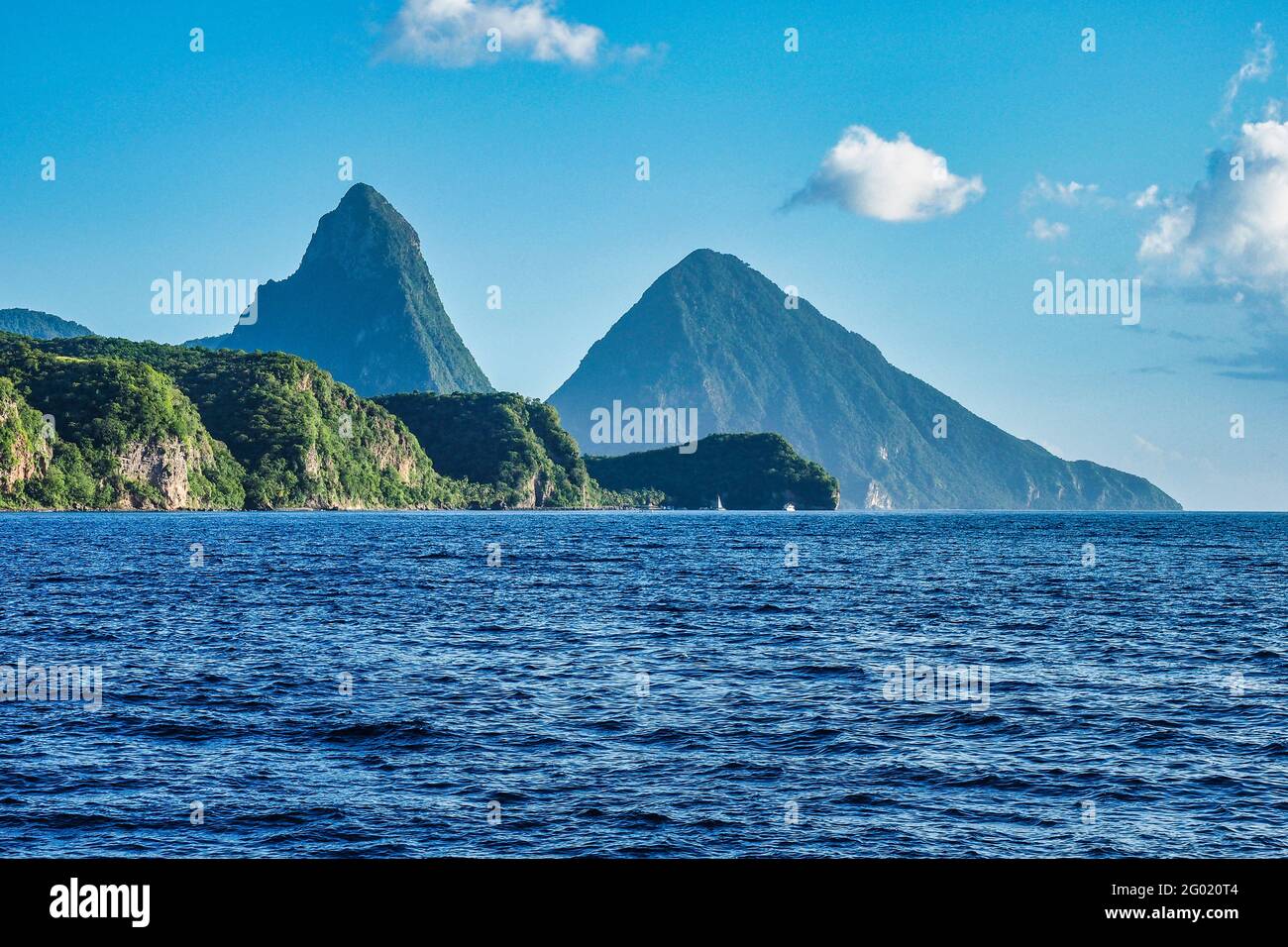 Sailing to the Pitons in the Caribbean Sea at Soufriere, St. Lucia. The ...