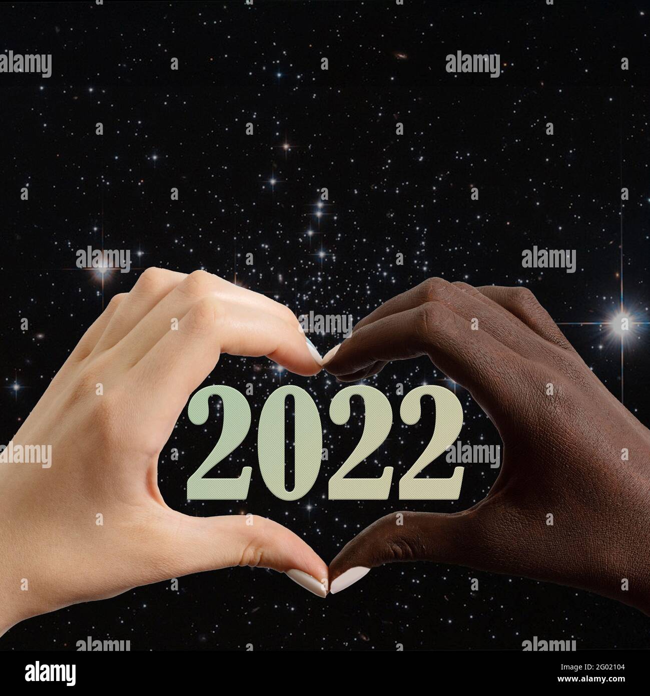 New Year's card 2022. Black and white hands in the shape of a heart on ...