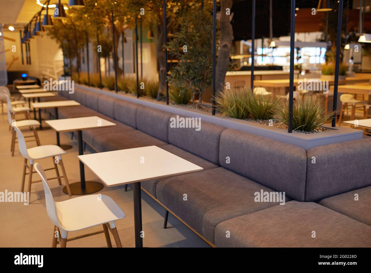 Background image of empty food court interior with single seating ...