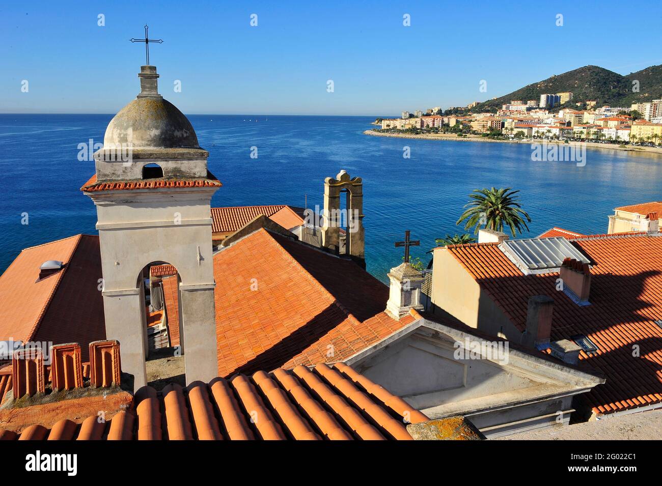 FRANCE. CORSE DU SUD (2A) AJACCIO, SAINT-FRANCOIS BEACH AND THE CHURCH ...