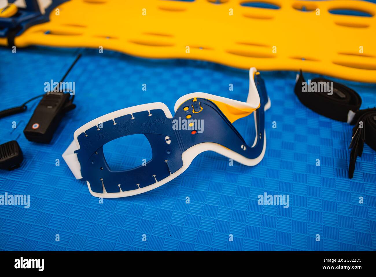 Medical equipment for measuring pulse, sugar and first aid on a blue ...