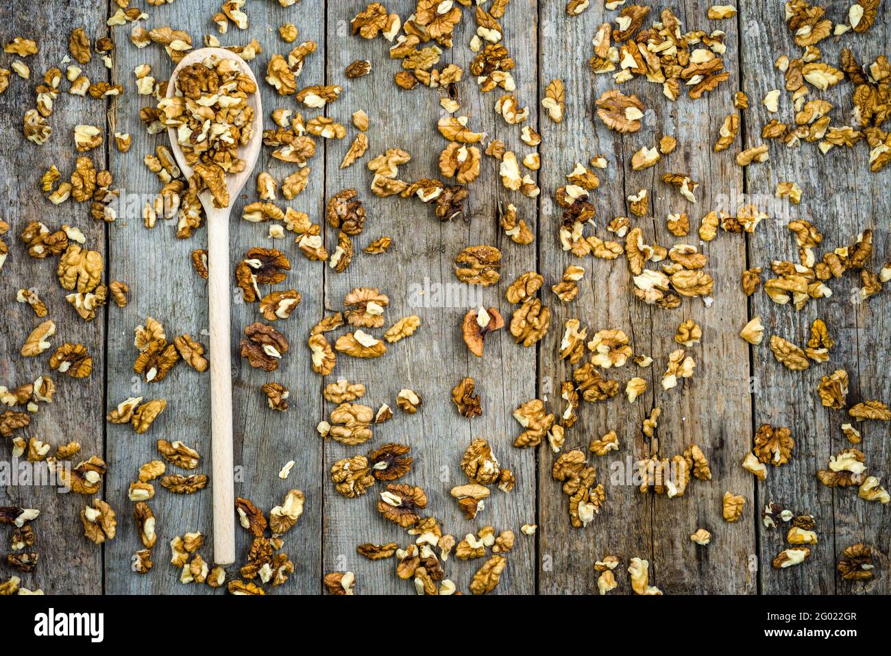 Dried walnut kernels, nuts seeds, healthy eating concept, overhead ...