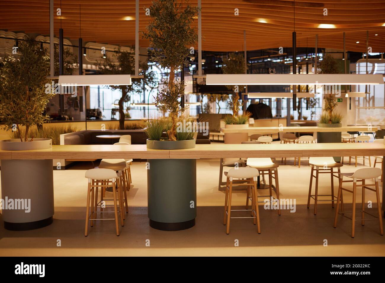 Wide angle background image of empty food court interior at modern ...