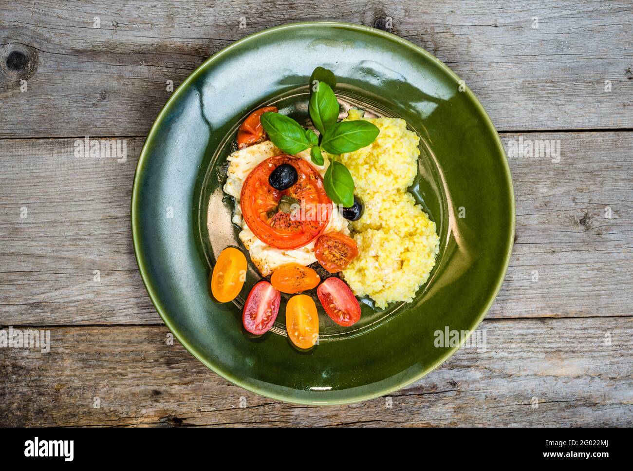 Healthy food plate, top view. Vegetables with couscous, dietary ...