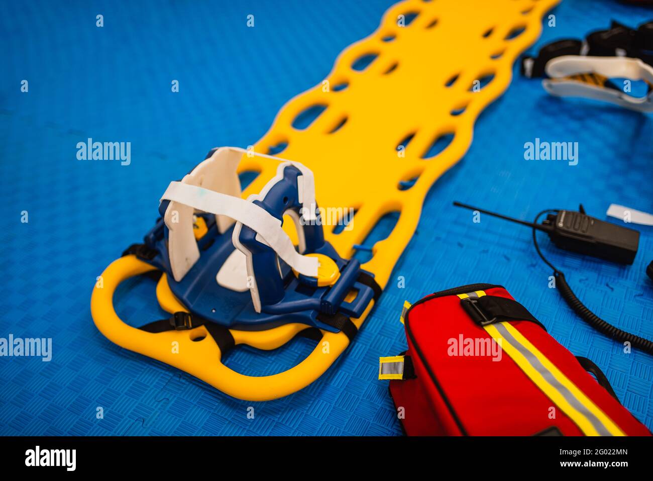 First aid medical equipment. Yellow stretchers and equipment for ...