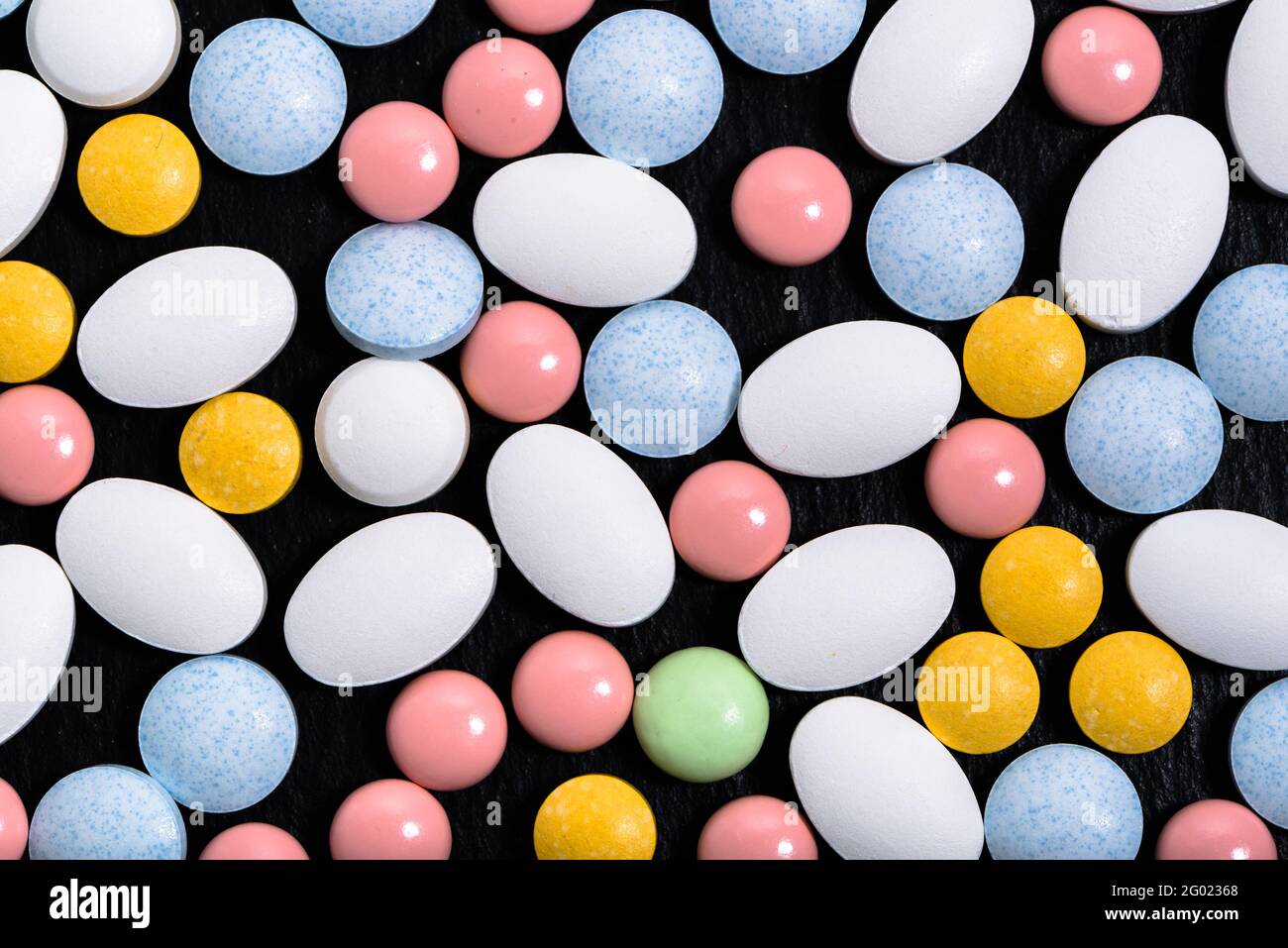 Colorful medicines, tablets, vitamins and supplements pills, flat lay ...