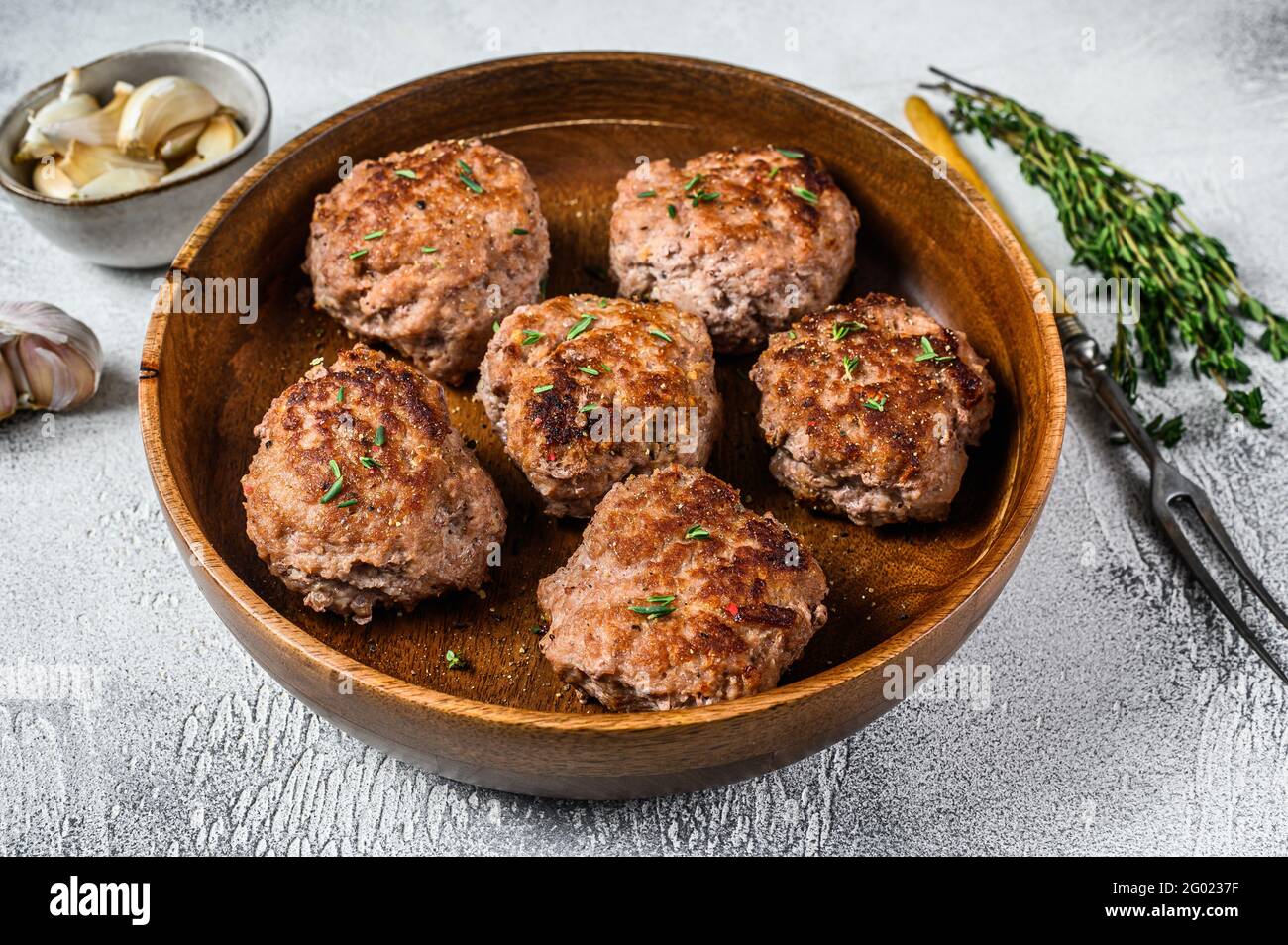 Homemade fried cutlets from beef and pork meat. White background. Top ...