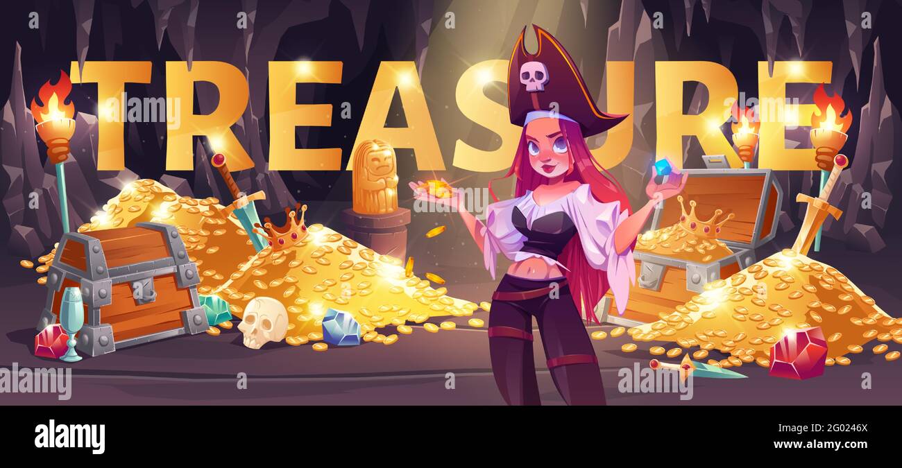 Pirate girl in treasure cave cartoon banner, young woman in filibuster ...