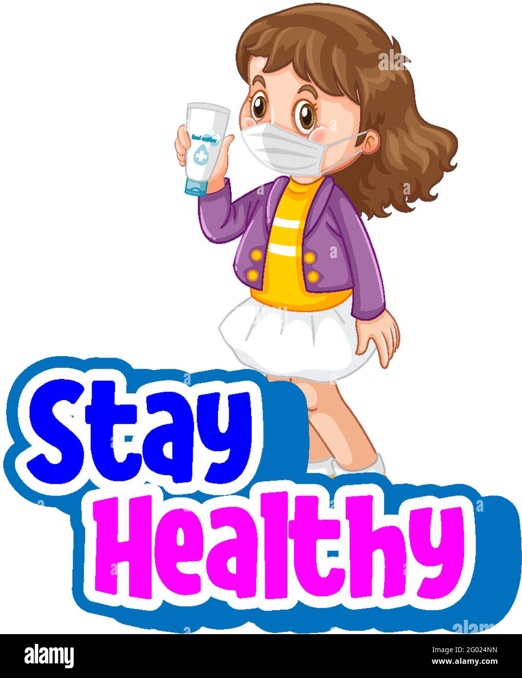 Stay Healthy font with a girl wearing mask cartoon character isolated ...