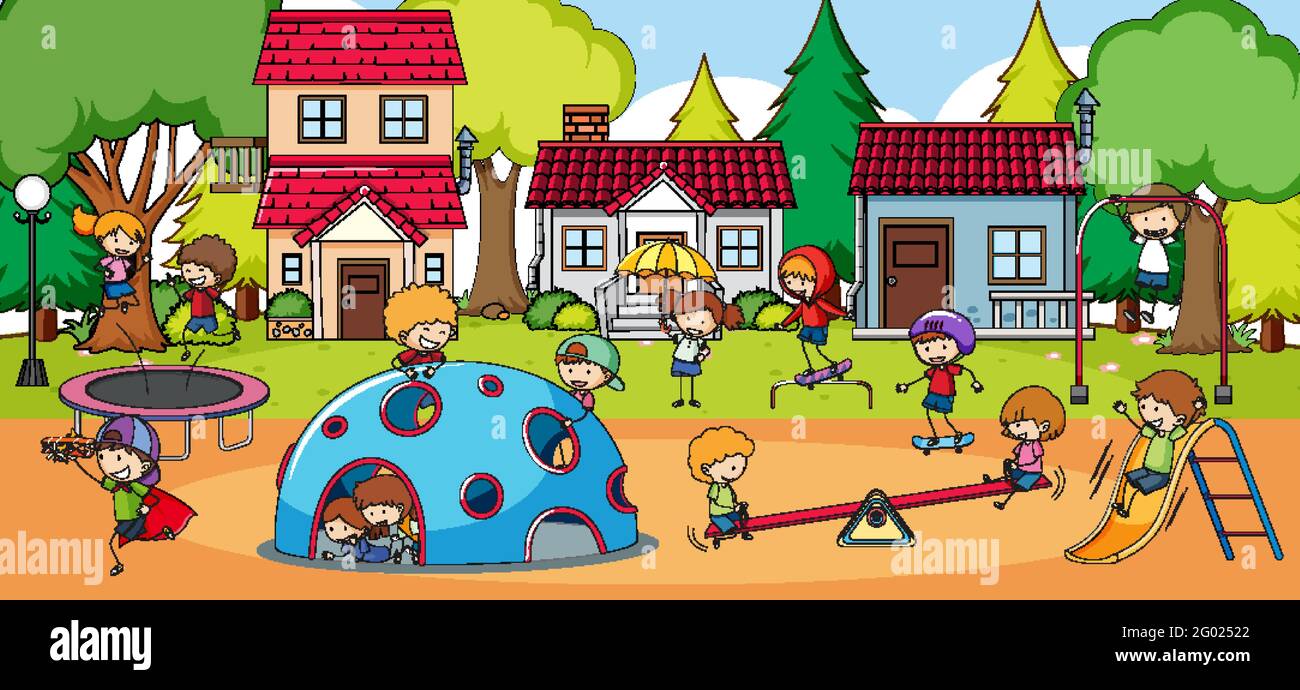 Playground scene with many kids doodle cartoon character illustration ...