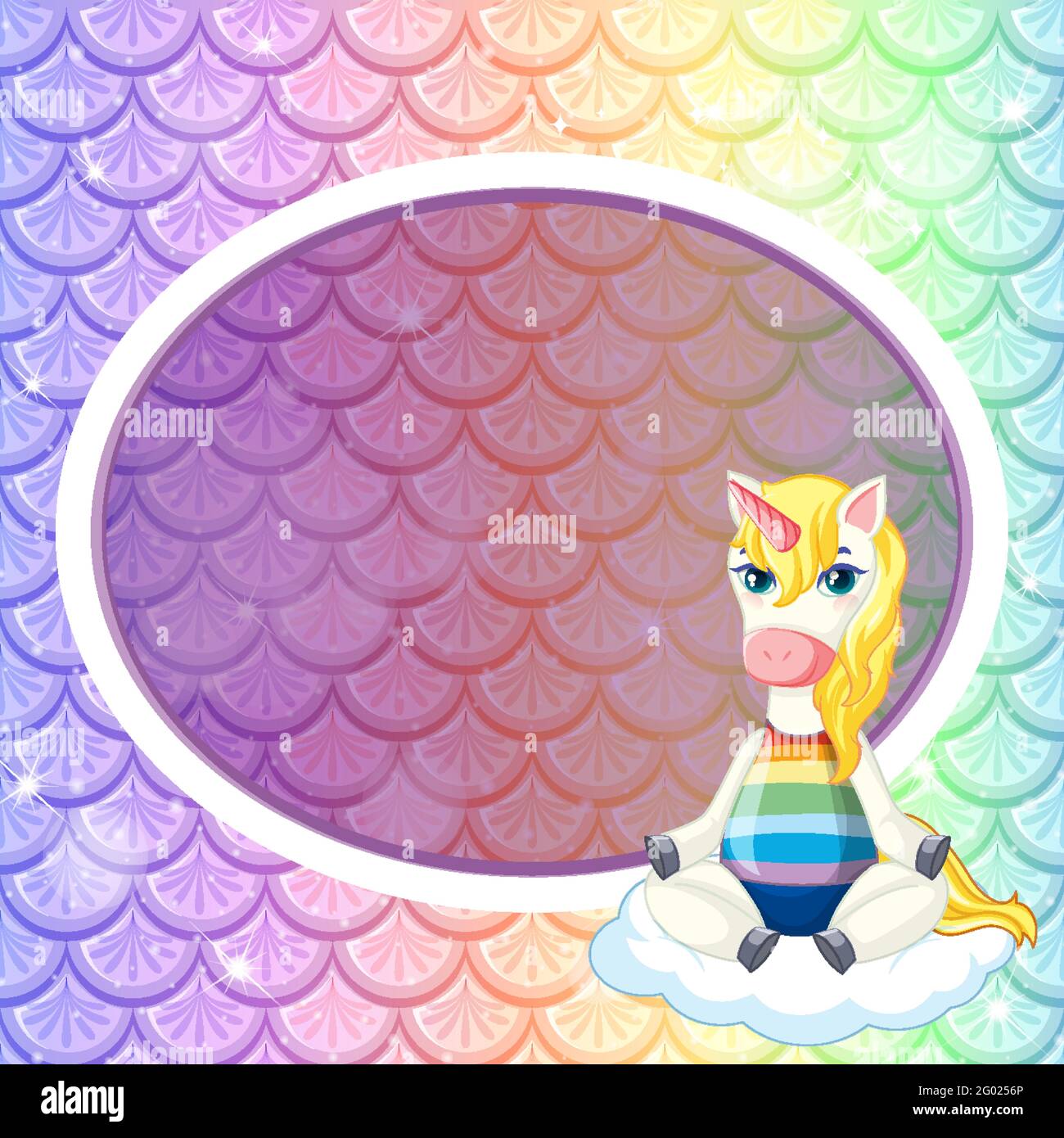 Oval frame template on pastel rainbow fish scales background with cute ...