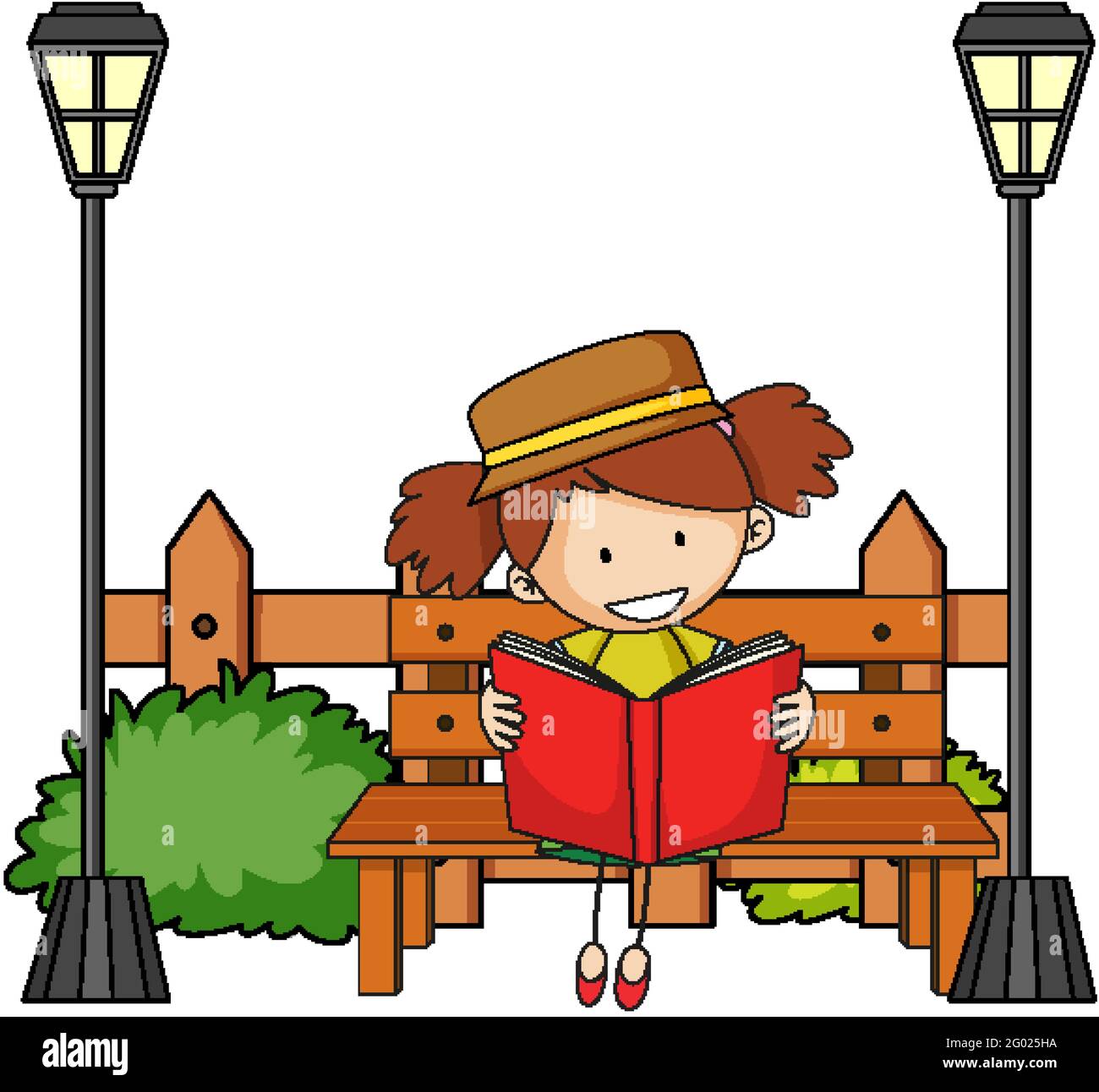 Cute girl reading book doodle cartoon character with park elements ...