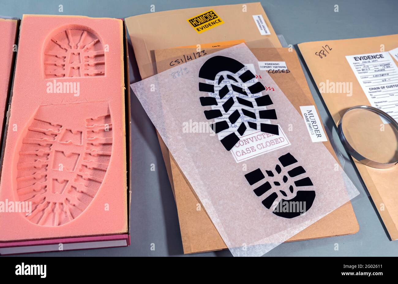 Forensic scientist investigates shoeprint mould evidence in crime lab ...