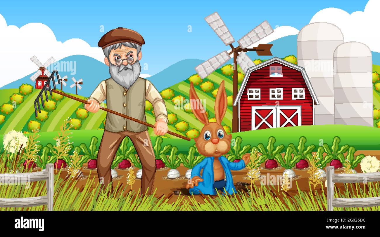 Farm at daytime scene with old farmer man and farm animals illustration ...