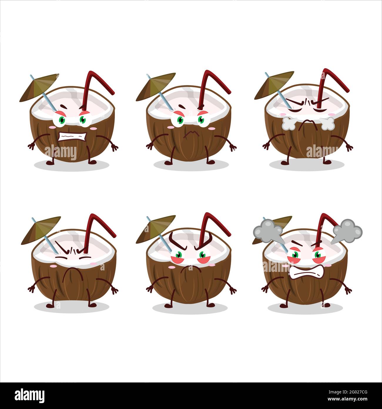 Coconut drink cartoon character with various angry expressions. Vector ...
